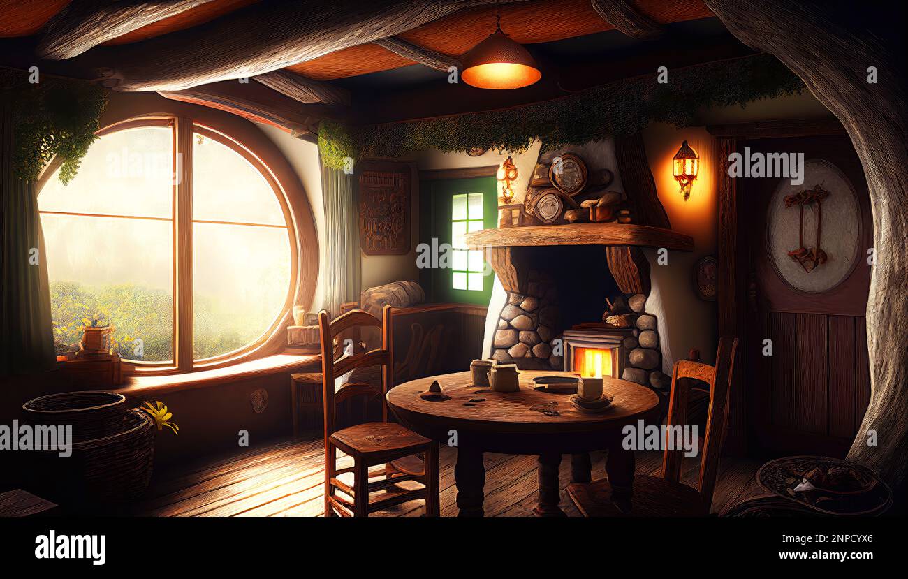 A Whimsical Illustration of a Hobbit House Interior, Inviting You into ...