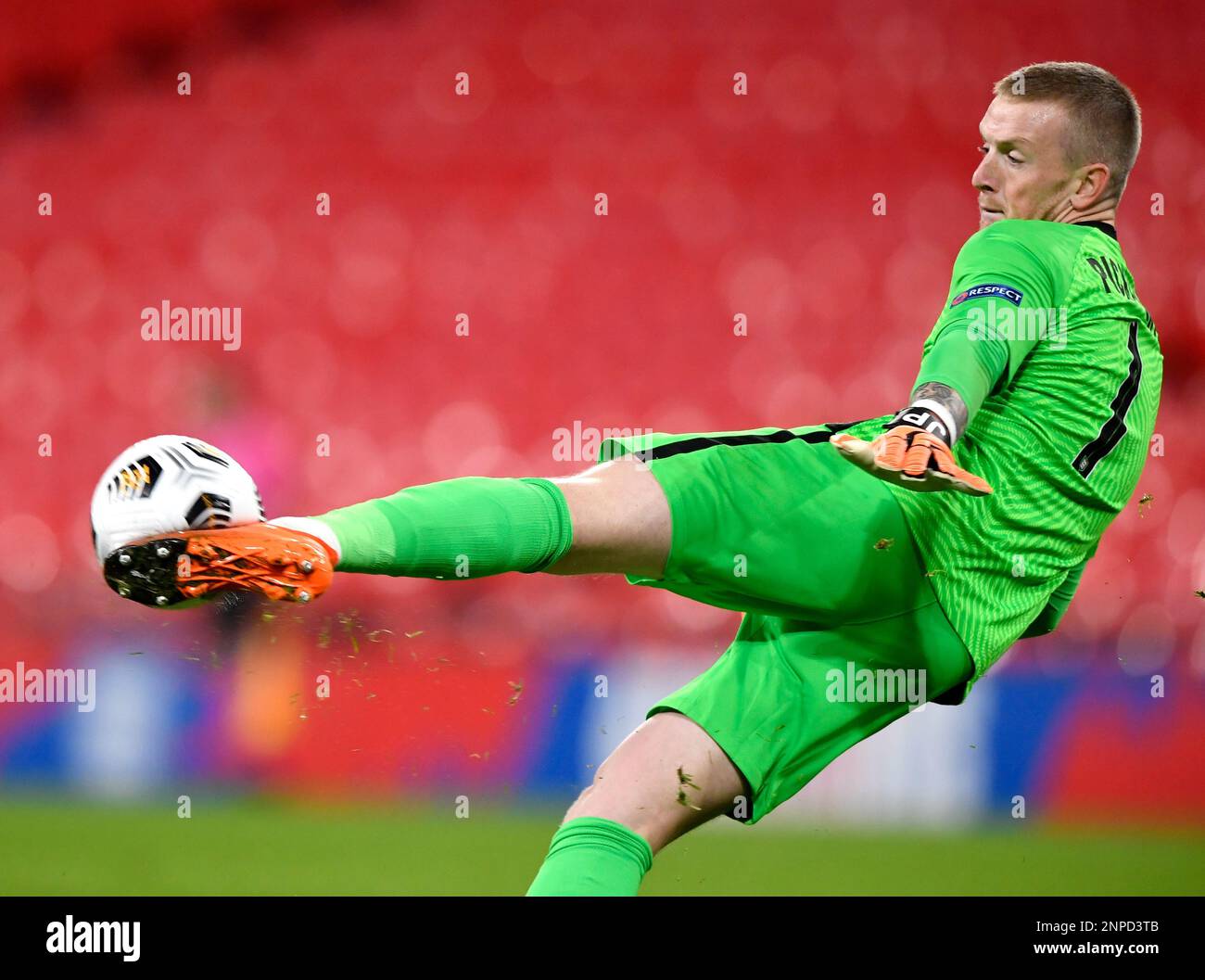England's goalkeeper Jordan Pickford kicks the ball down field during ...