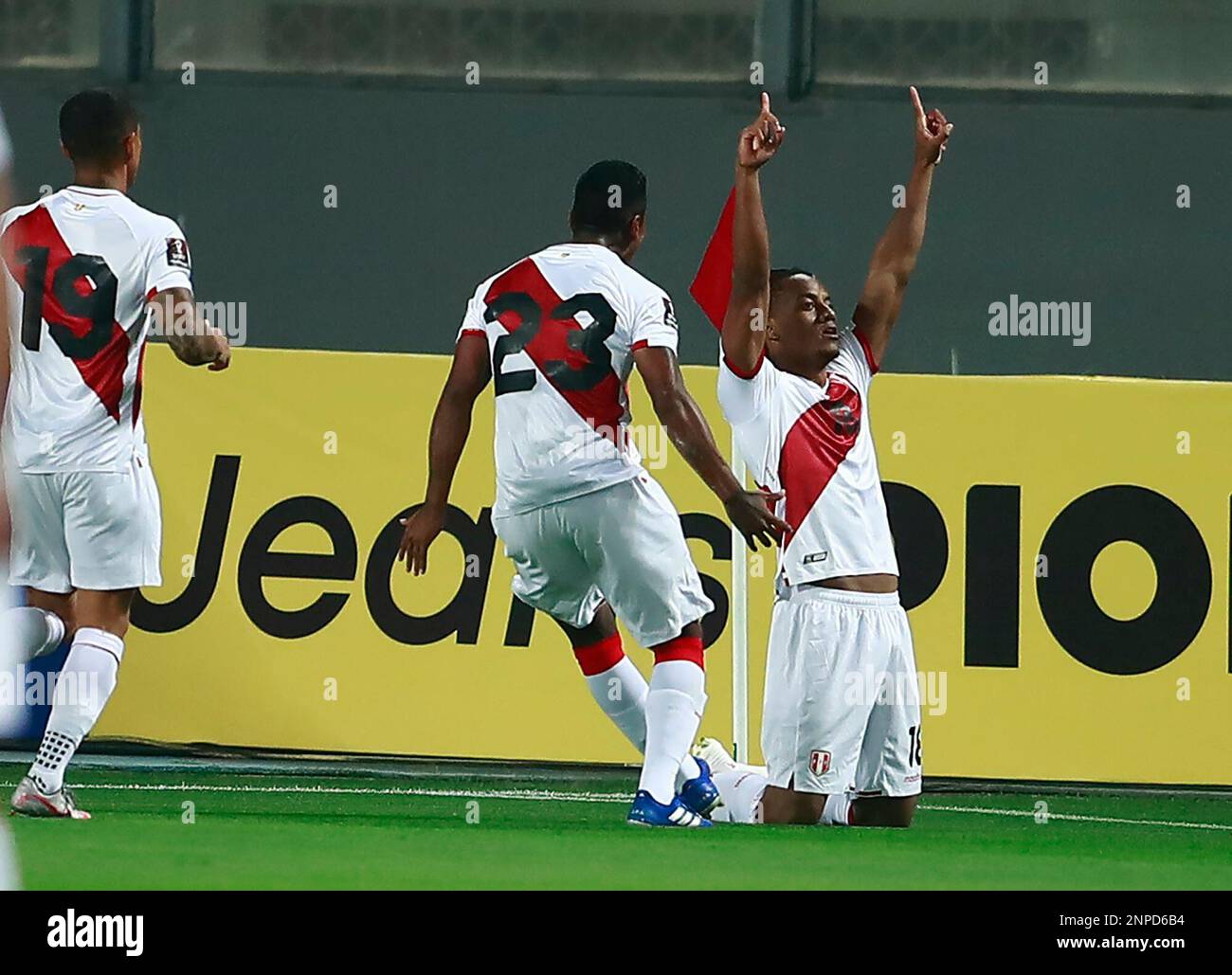 Peru's Andre Carrillo, right, celebrates scoring his side's opening ...