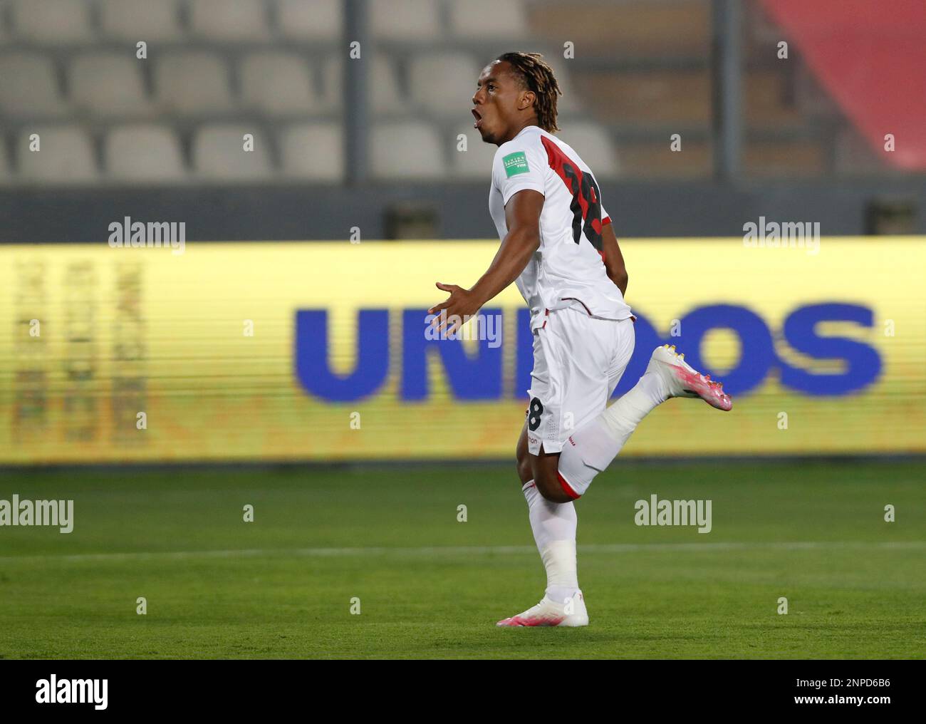 Peru's Andre Carrillo celebrates scoring his side's opening goal ...