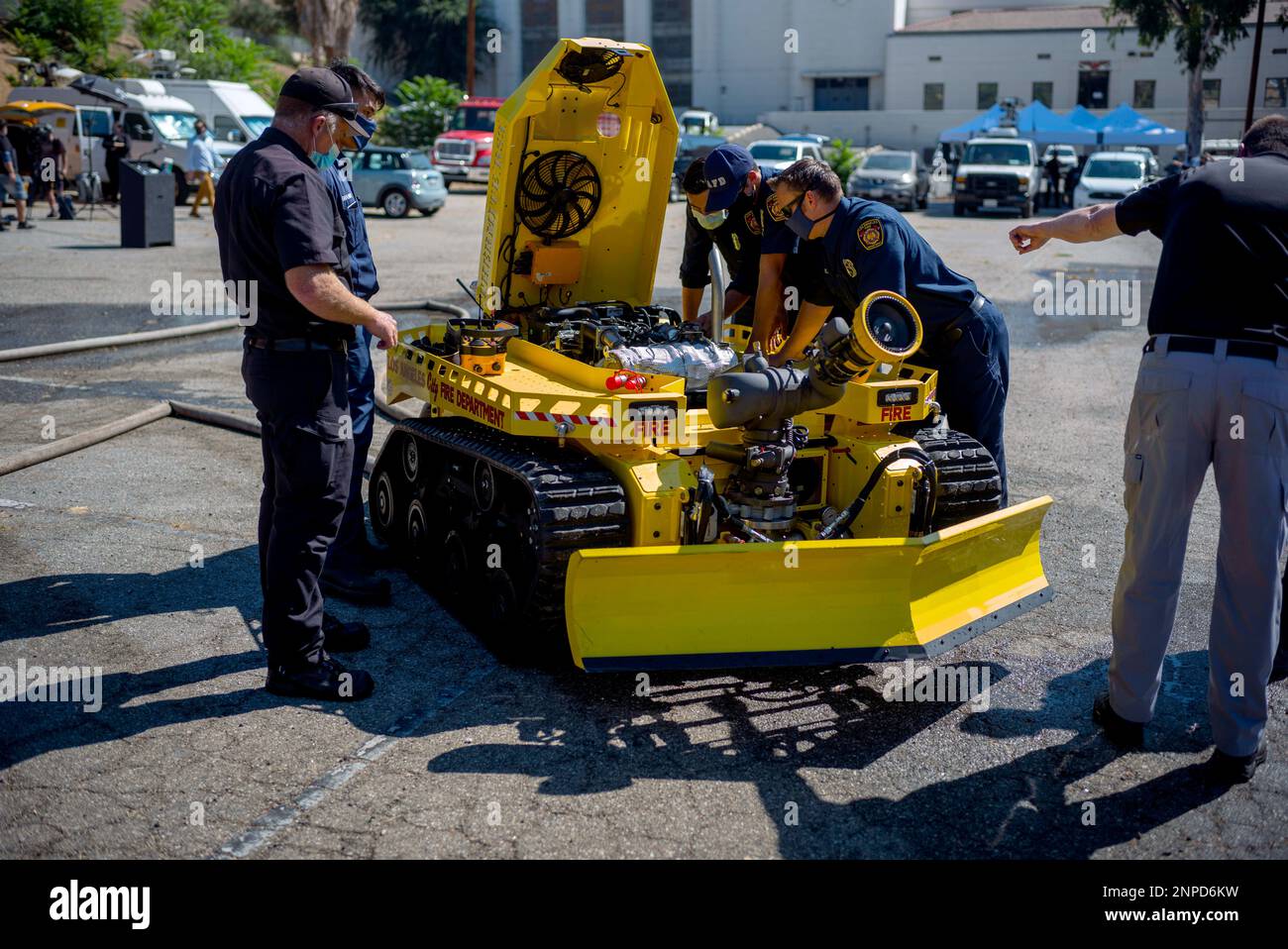 Los Angeles City Fire Department personnel take a look at the ...