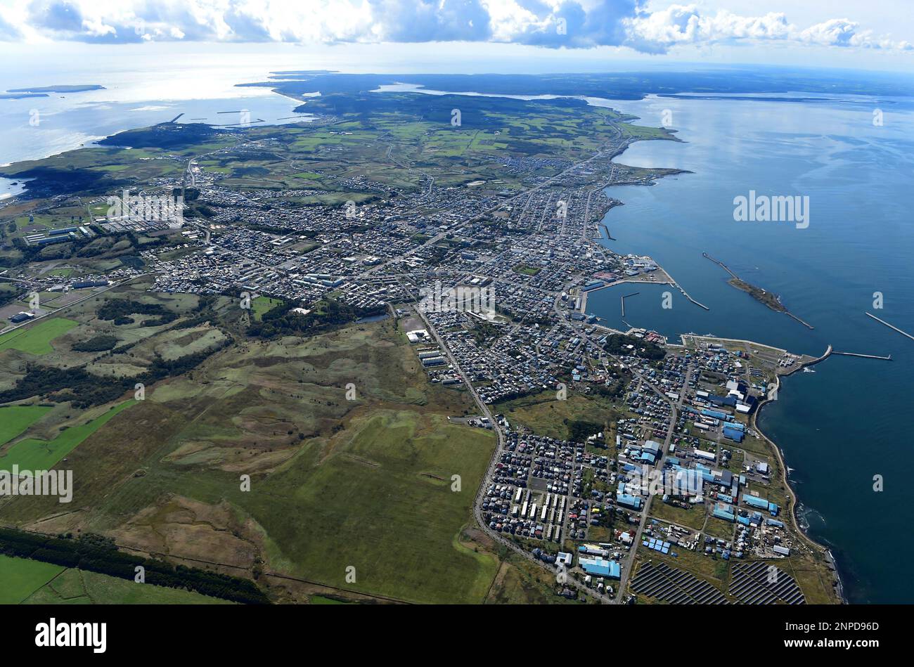 An aerial photo shows the city of Nemuro in Hokkaido Prefecture on Oct ...