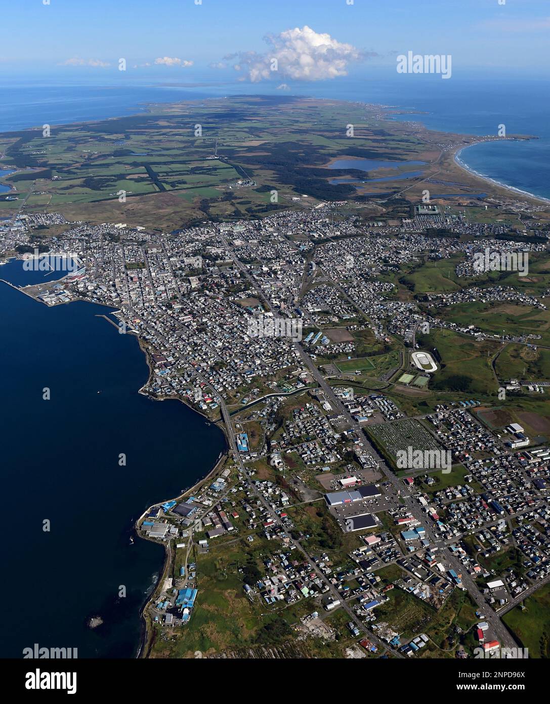 An aerial photo shows the city of Nemuro in Hokkaido Prefecture on Oct ...