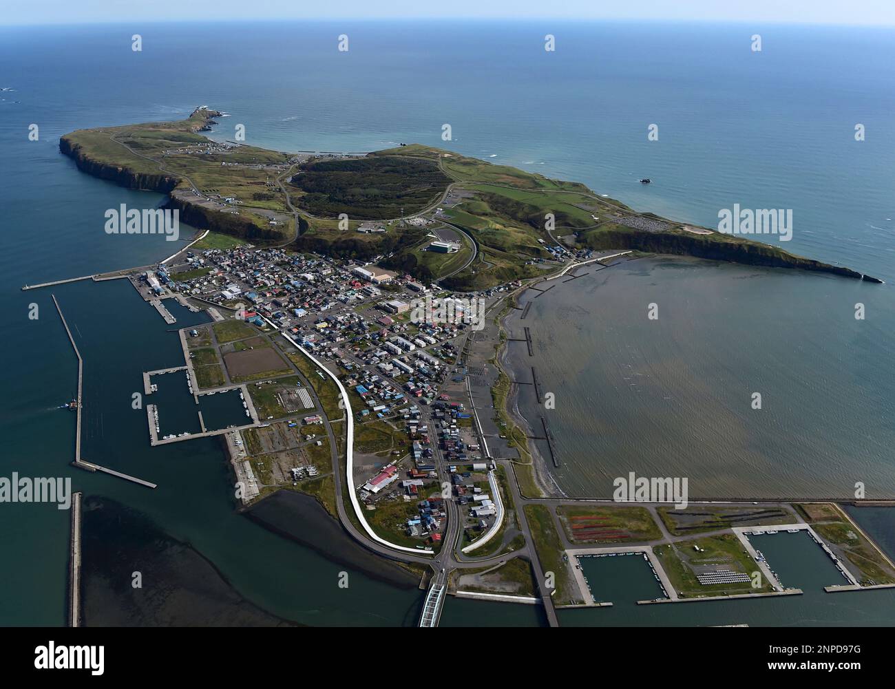 An aerial photo shows the town of Kiritappu in Hamanaka Town, Hokkaido Prefecture on Oct. 7 ...