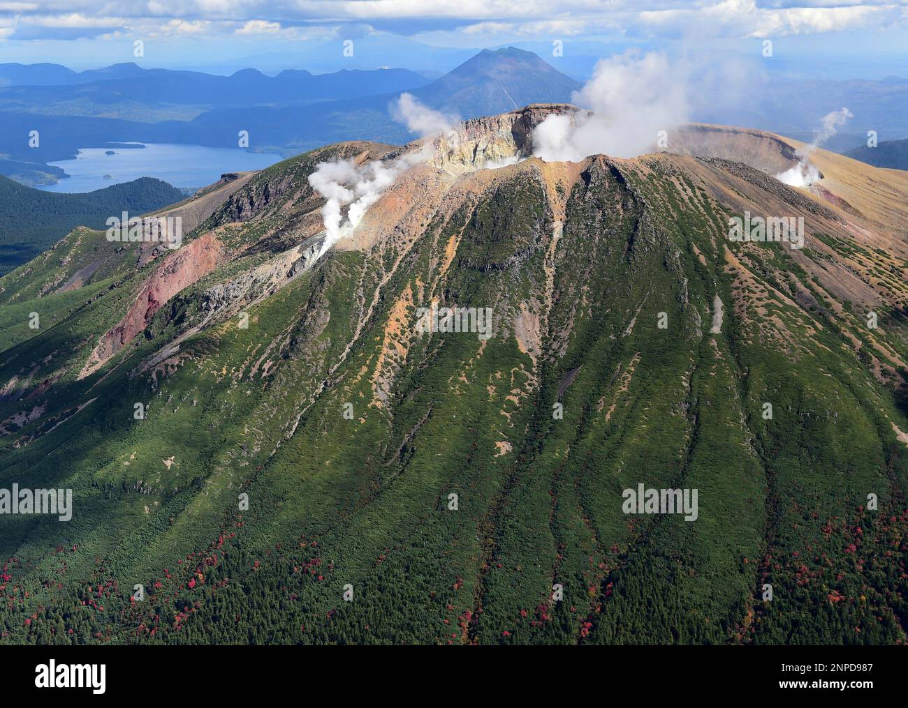 An aerial photo shows Mount Meakan，an active volcano in Akan-Mashu ...