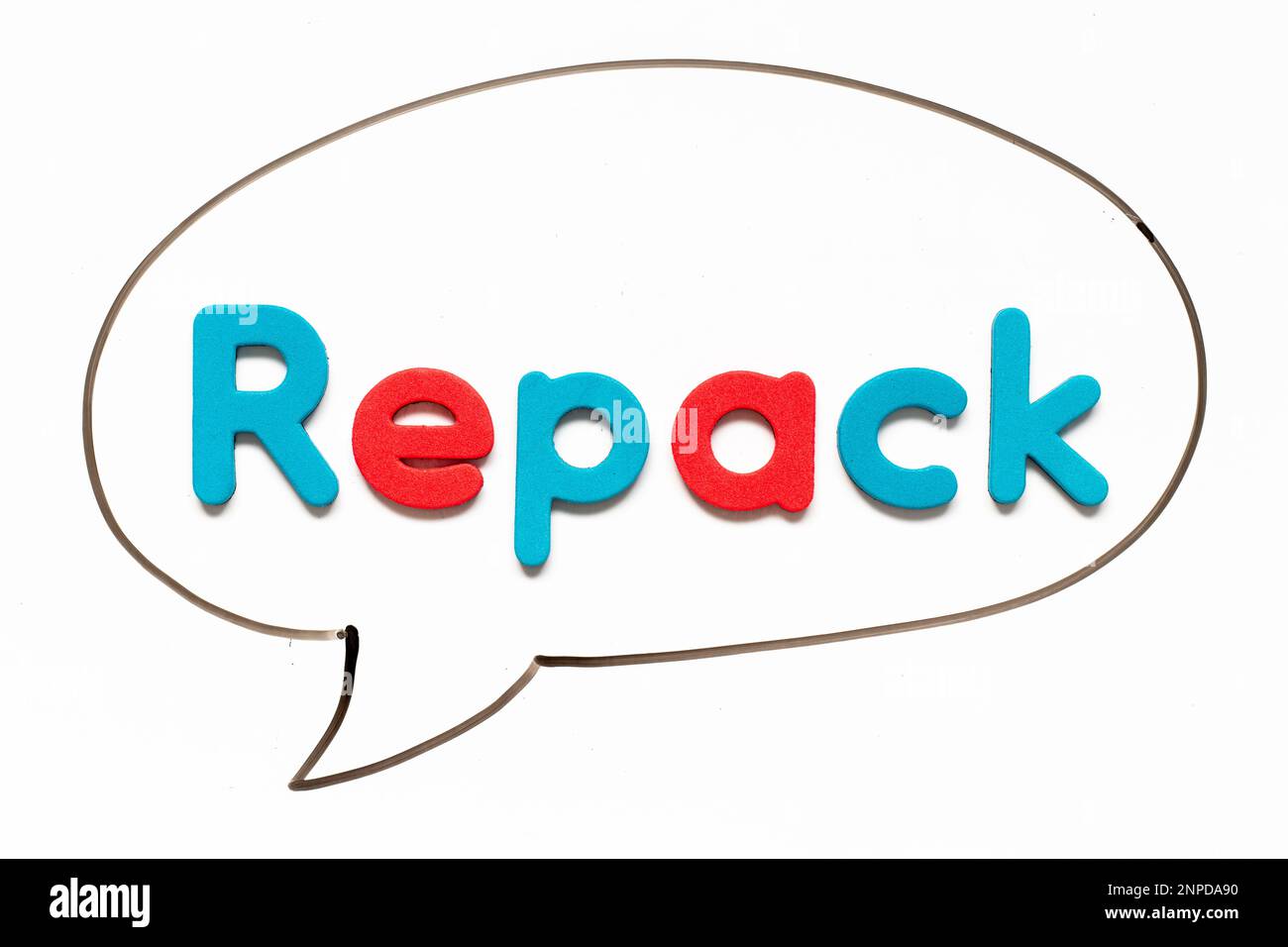 Alphabet letter with word repack in black line hand drawing as bubble ...