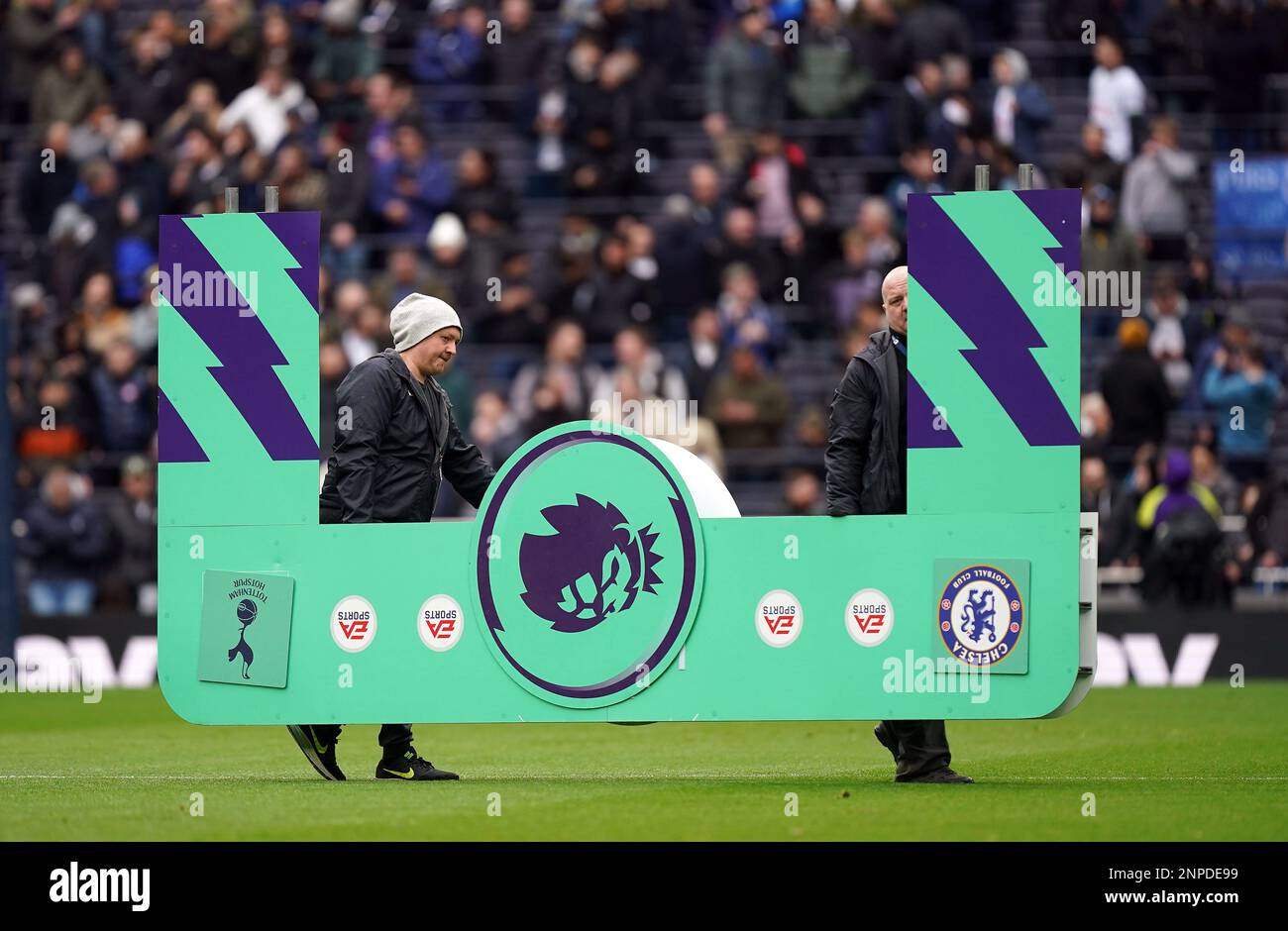 The Premier League branding arch is carried on the pitch during the ...
