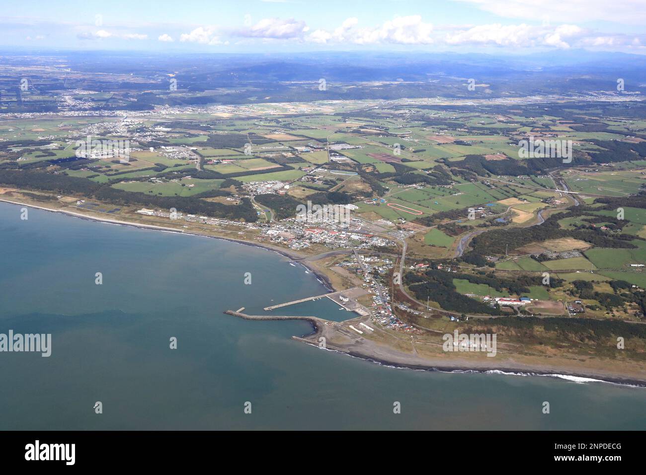 An aerial photo shows the cityscape of Hidaka Town, Hokkaido Prefecture ...