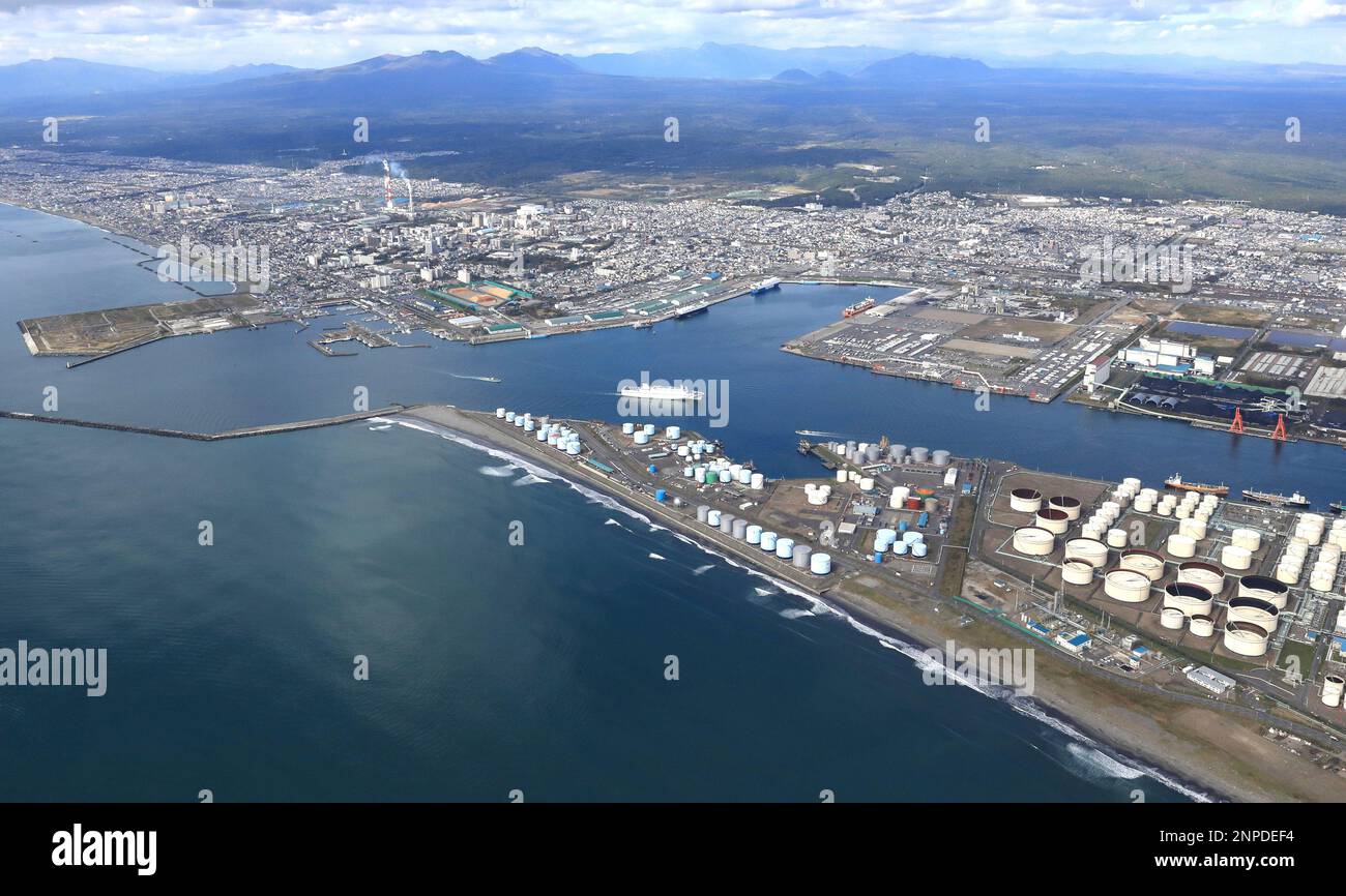 An aerial photo shows the cityscape of Tomakomai City, Hokkaido ...