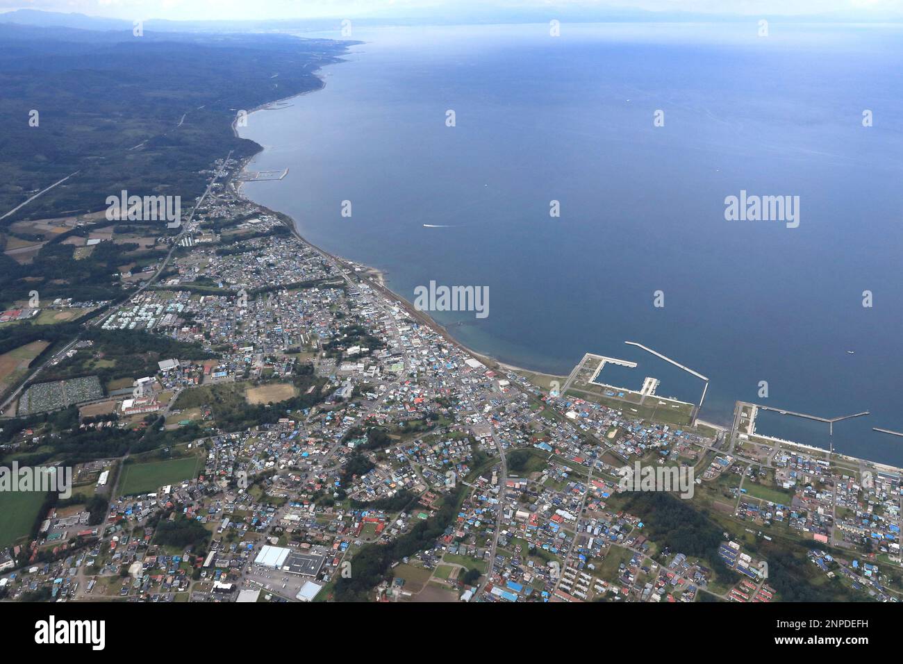An aerial photo shows the cityscape of Mori Town, Hokkaido Prefecture ...