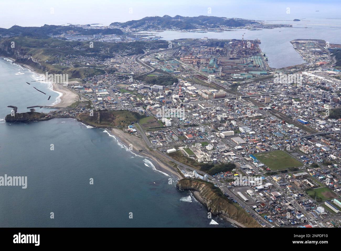 An aerial photo shows the cityscape of Muroran City, Hokkaido ...