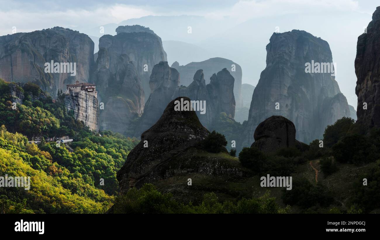 A view of the karst limestone rock formations at Meteora in Greece ...