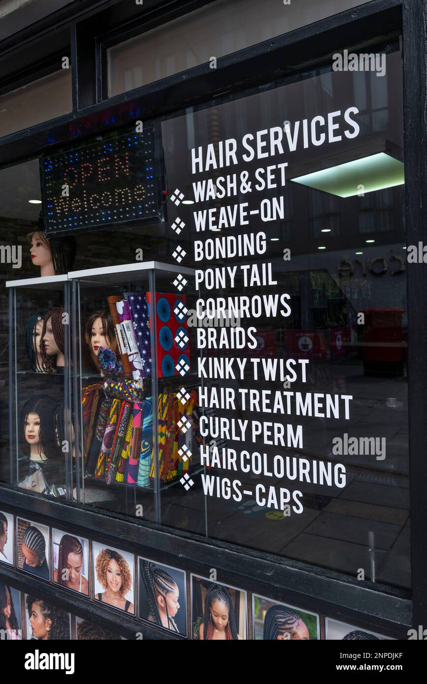Hair salon window hi-res stock photography and images - Alamy