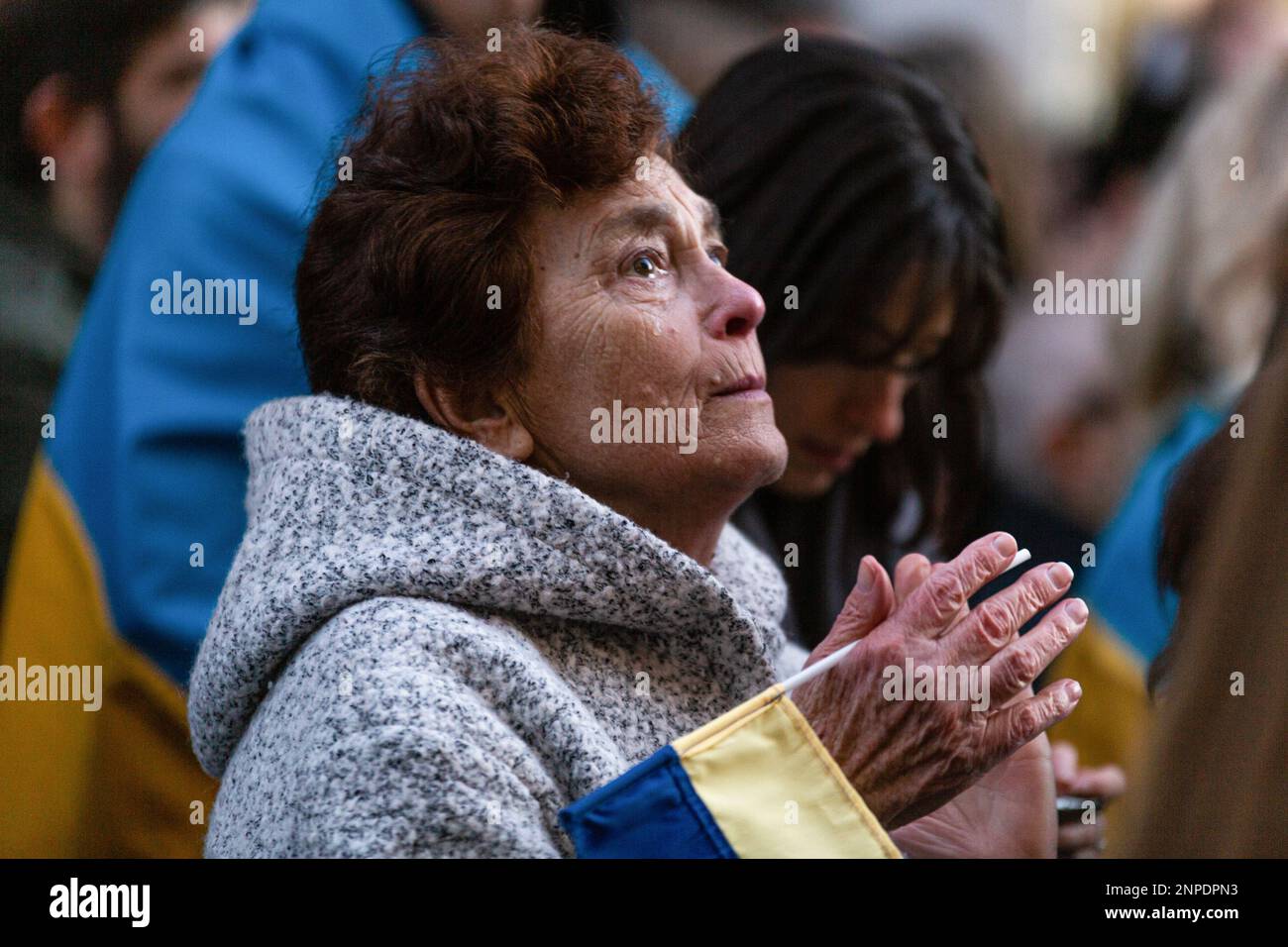 Porto, Portugal. 24th Feb, 2023. A Ukrainian woman is seen crying ...