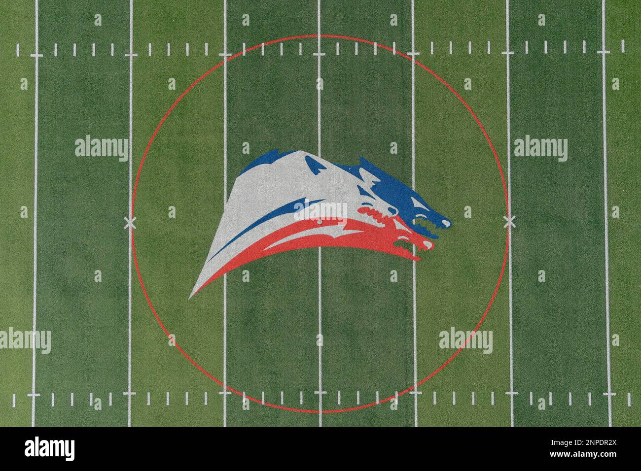 A general view of the Wolfpack logo at midfield of the football field ...