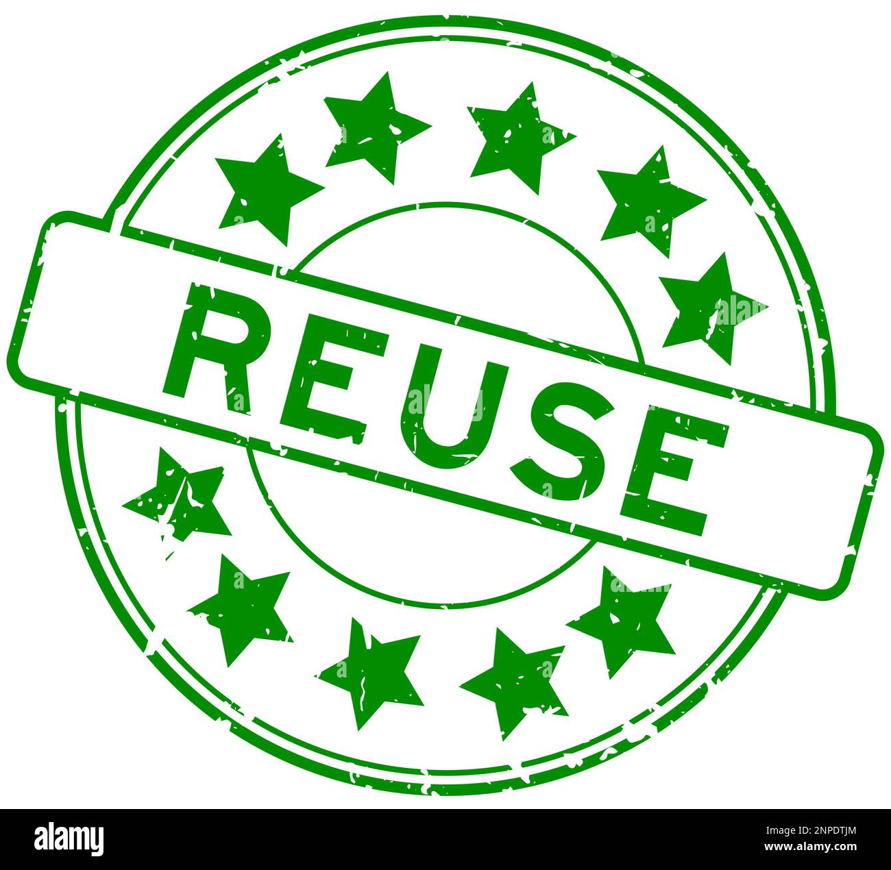Grunge blue reuse word with star icon round rubber seal stamp on white ...