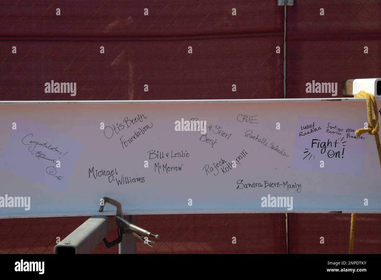 Detailed view of the final beam during at a topping off ceremony during ...