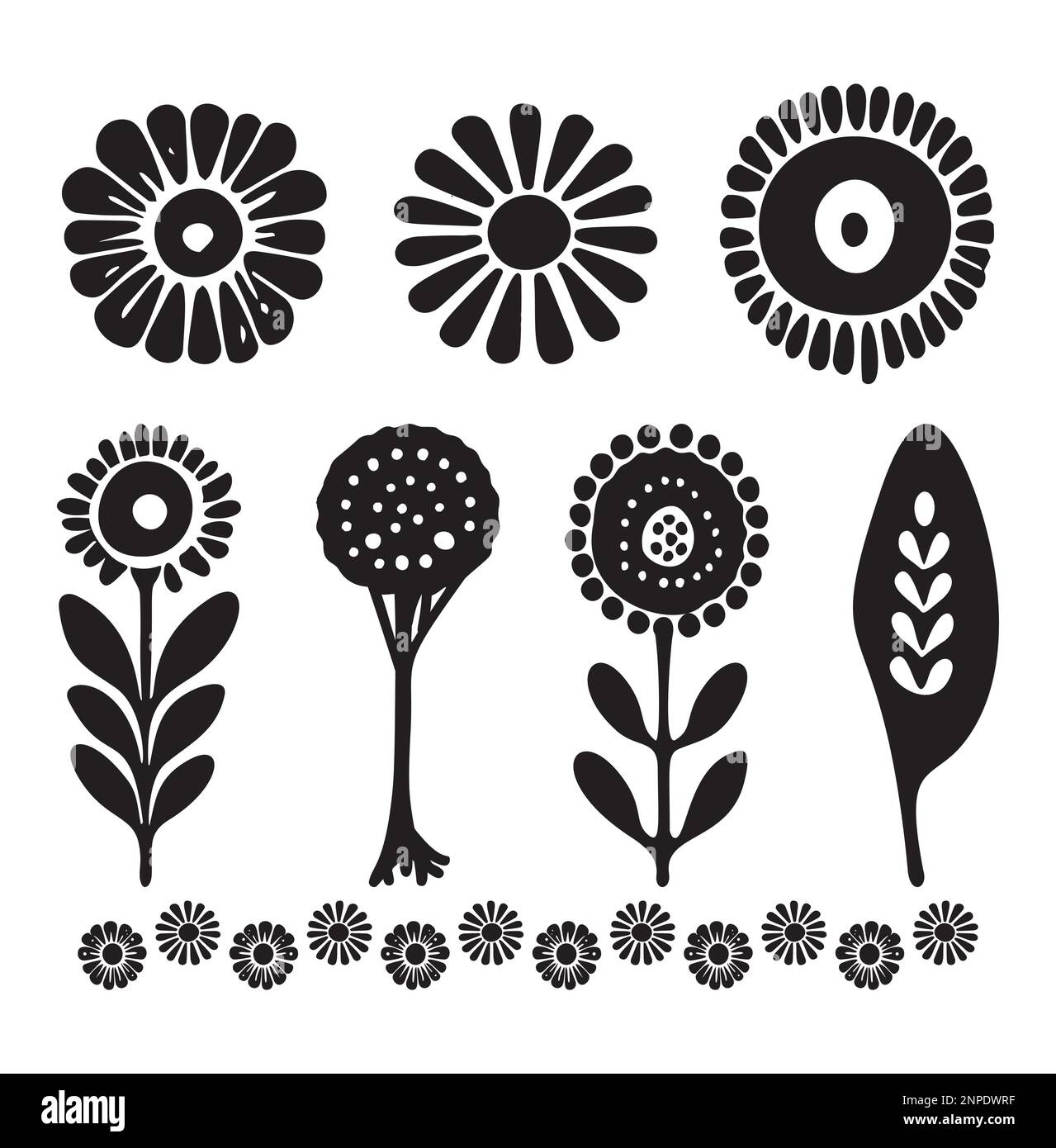 Folkart flower vector illustration set . Botanical kids scandi garden ...