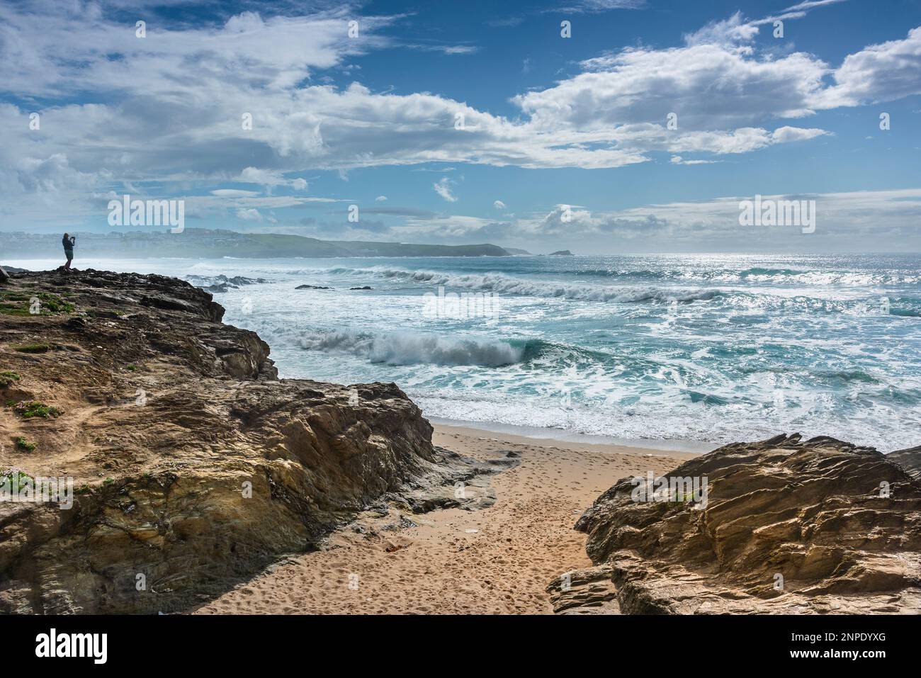 Hazy sunshine over Fistral Bay in Newquay in Cornwall in the UK Stock ...