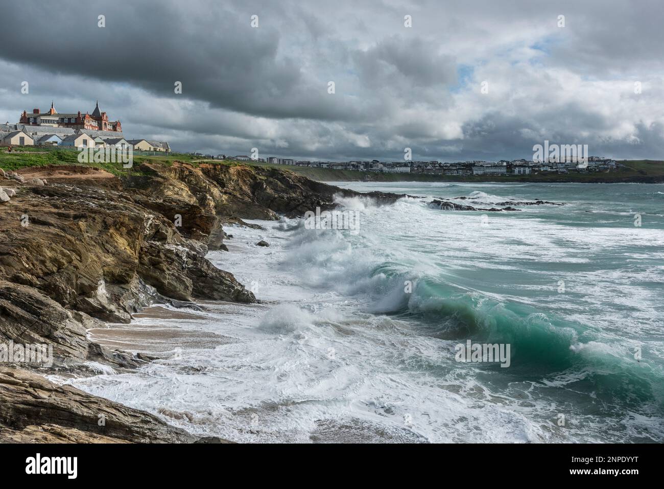 Incoming waves at high tide at Little Fistral in Newquay in Cornwall in ...