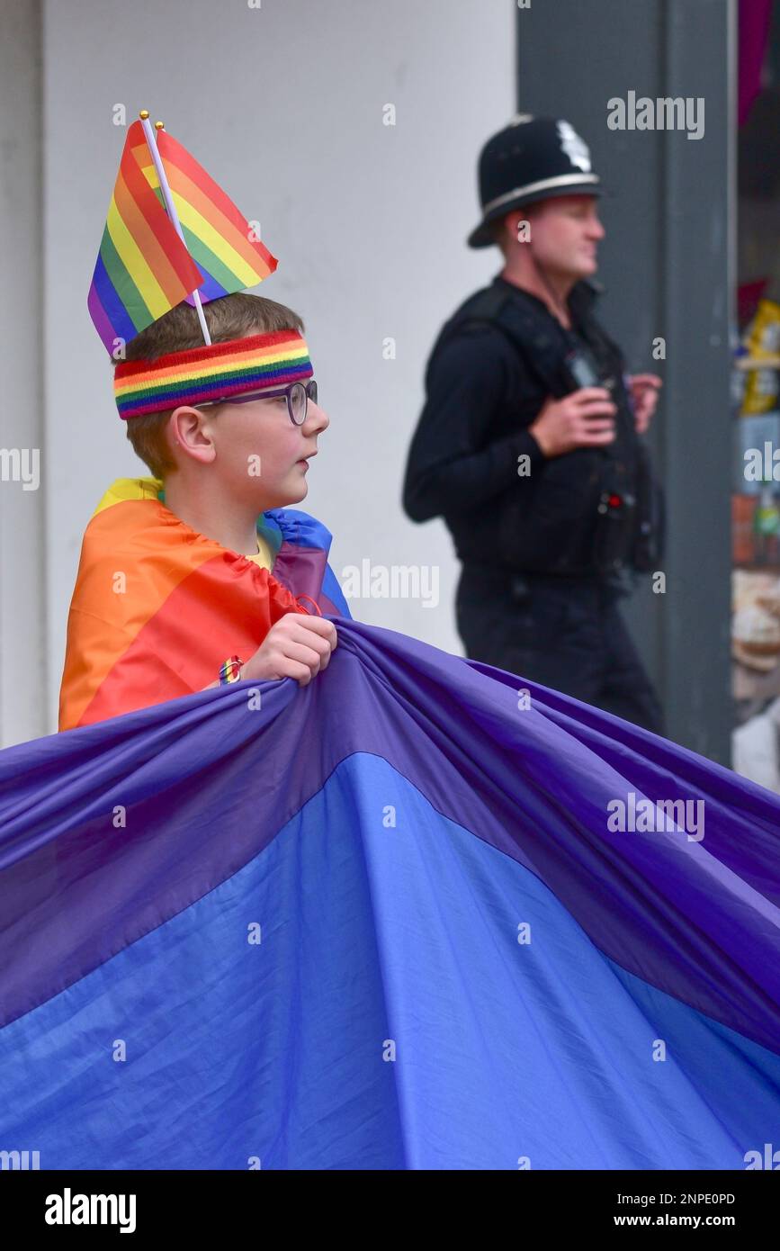 A young participant in the vibrant colourful Cornwall Pride parade in ...