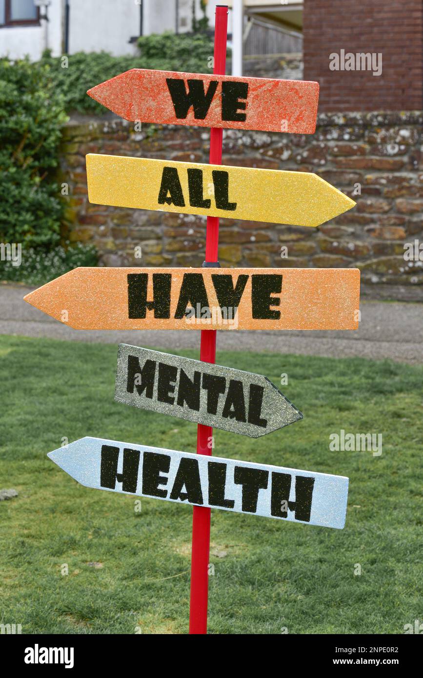 A colourful sign about Mental Health in Newquay Town centre in Cornwall ...