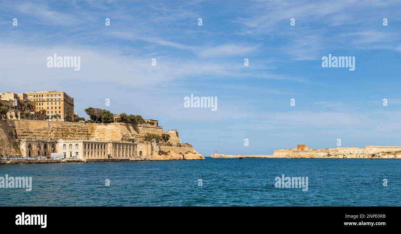 Upper Barrakka Gardens and Grand Harbour entrance seen from a boat on ...