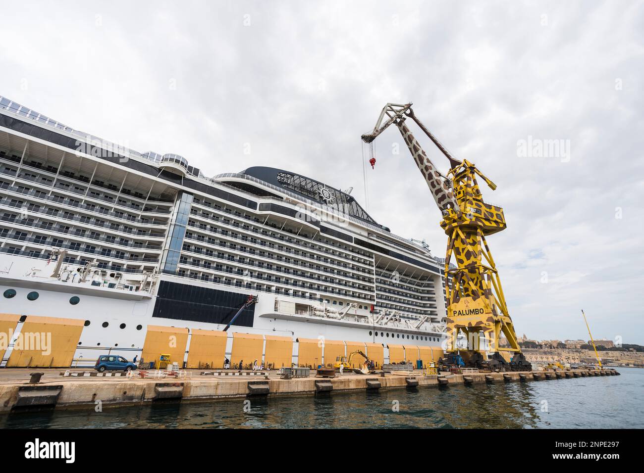 A crane coloured in Giraffe colours works next to a cruise ship in a ...