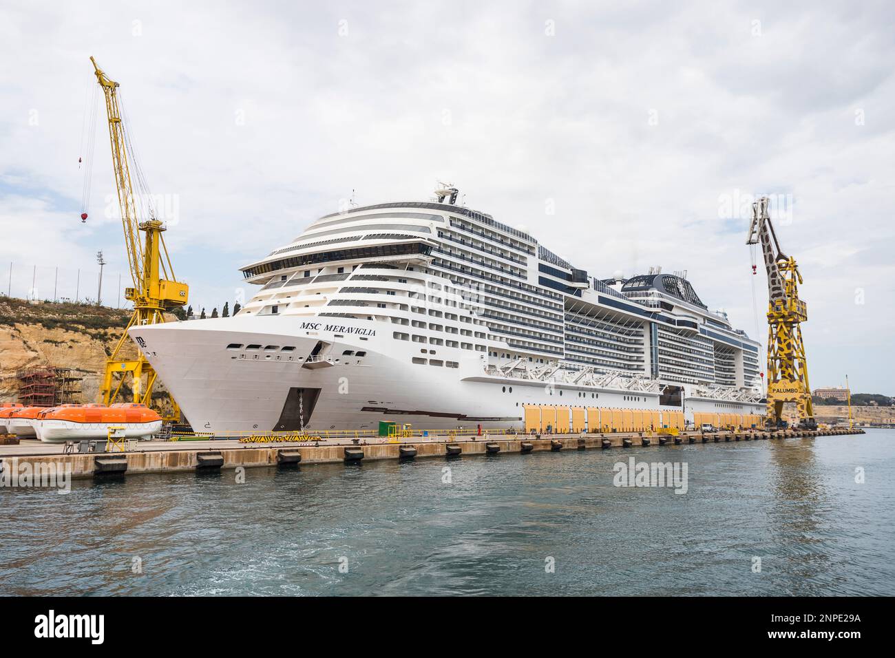 MSC Meraviglia seen undergoing work in a dry dock in Valletta in Malta ...