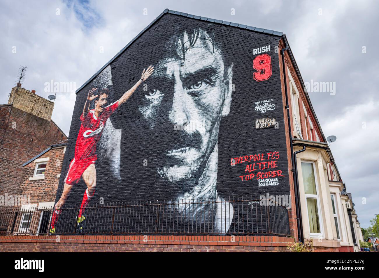 The Ian Rush mural pictured opposite Anfield stadium in Liverpool Stock ...
