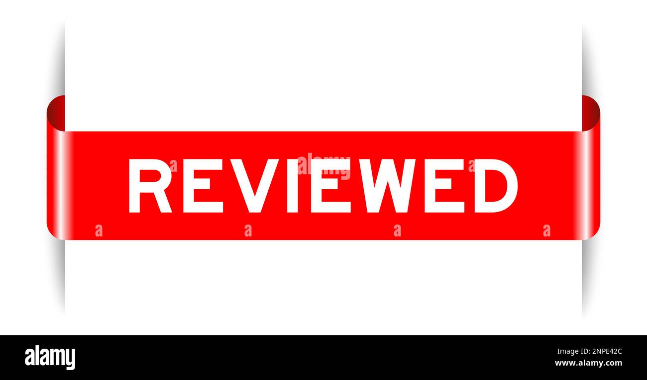 Red color inserted label banner with word reviewed on white background ...
