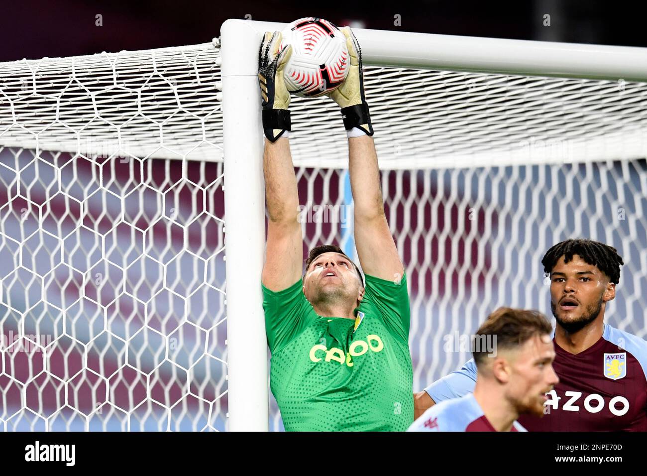 Aston Villa's goalkeeper Emiliano Martinez makes a save during the ...