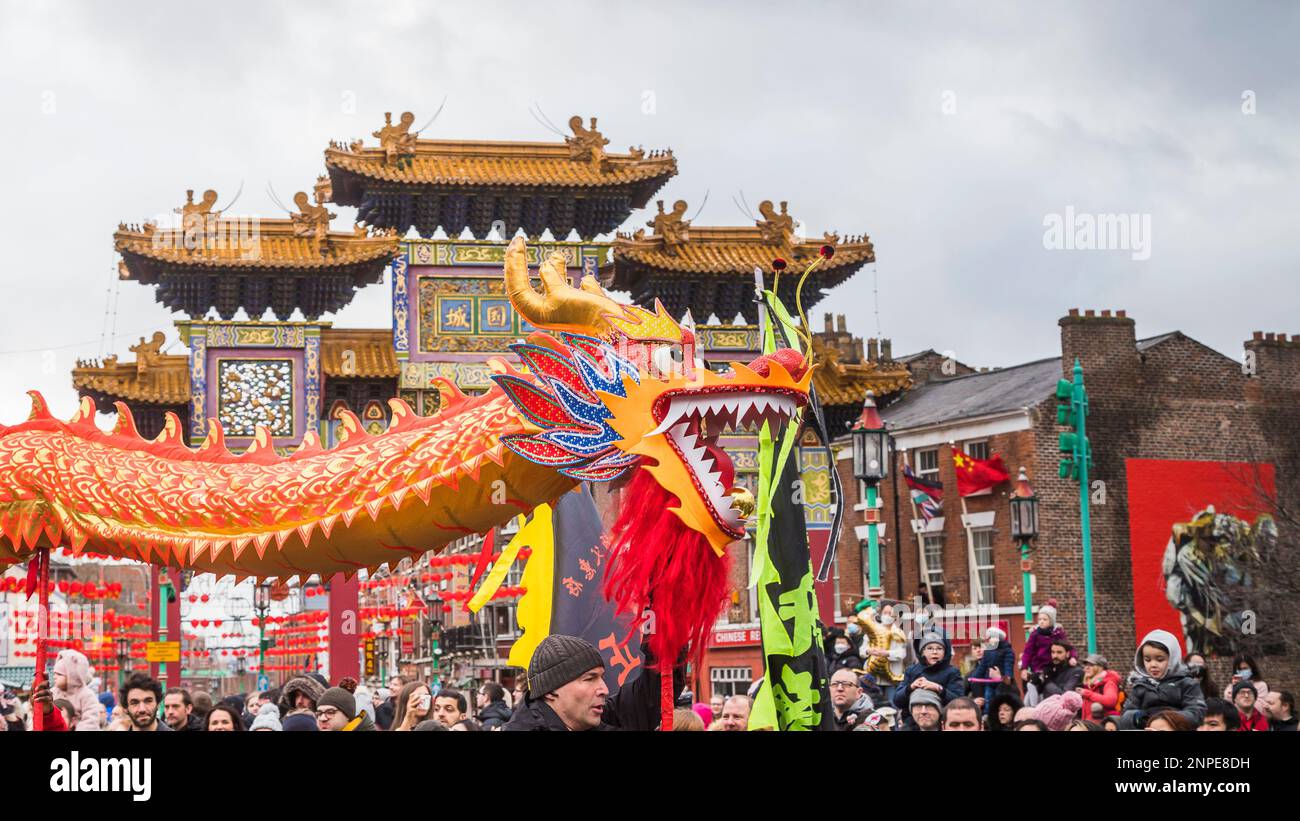 Chinese New Year celebrations in Liverpool's Chinatown district Stock ...