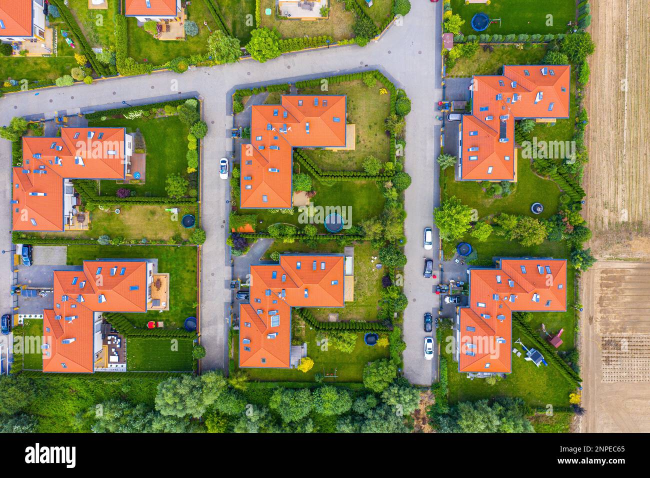 Aerial view of residential houses at spring. Establishing shot of ...