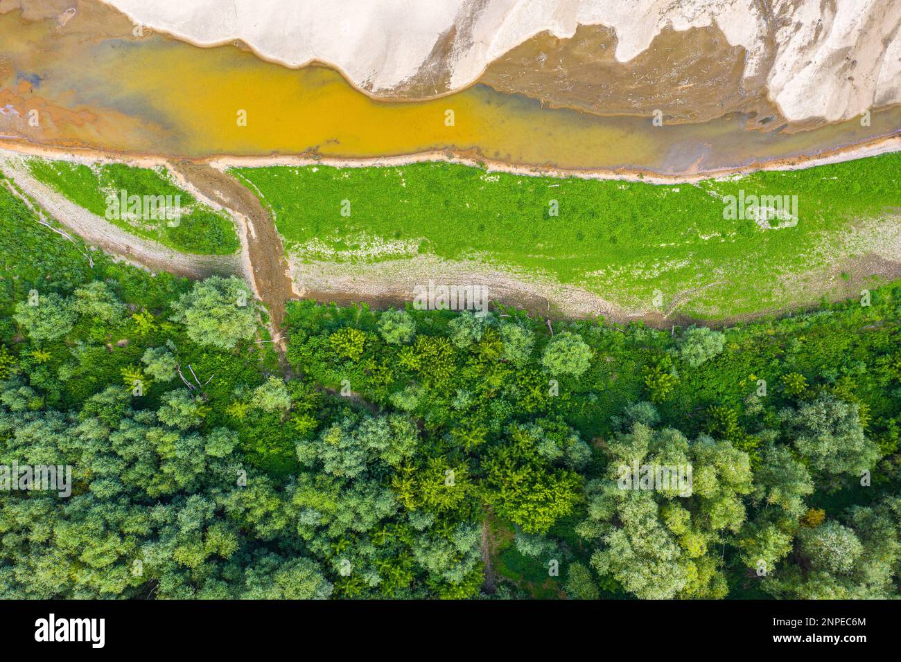 Top down view on exotic winding river flows through green wetlands. Birds eye view of zig-zag ...