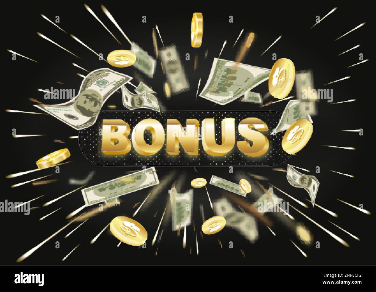 A shining golden bonus sign, against the background of flying gold ...