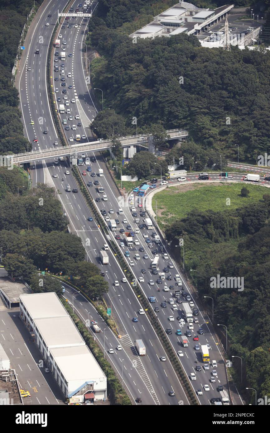 An aerial photo shows crowded outbound line of Tomei Expressway around ...