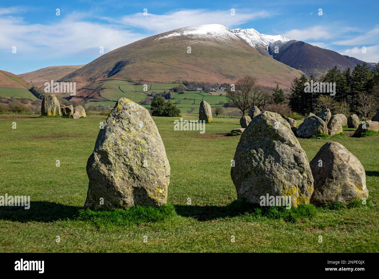 View looking from Castlerigg Stone Circle towards snow topped ...