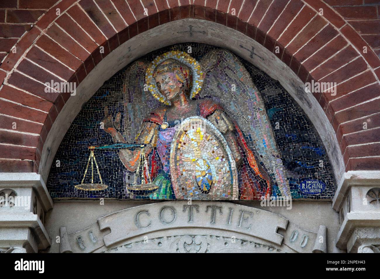 Mosaic of angel with weighing scales in the Monumental Cemetery of ...