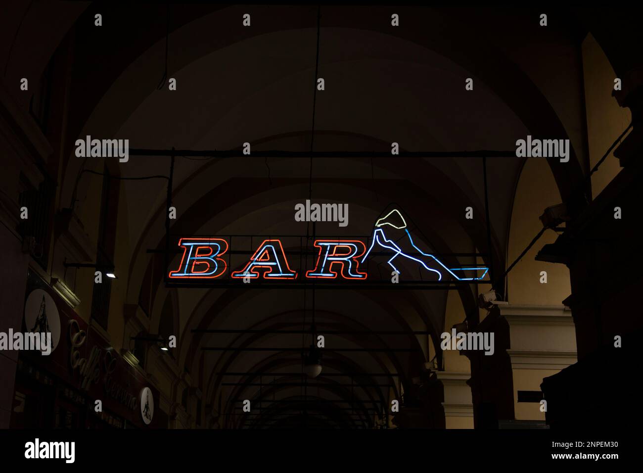Neon Bar sign in the Turin arcades, Italy Stock Photo - Alamy