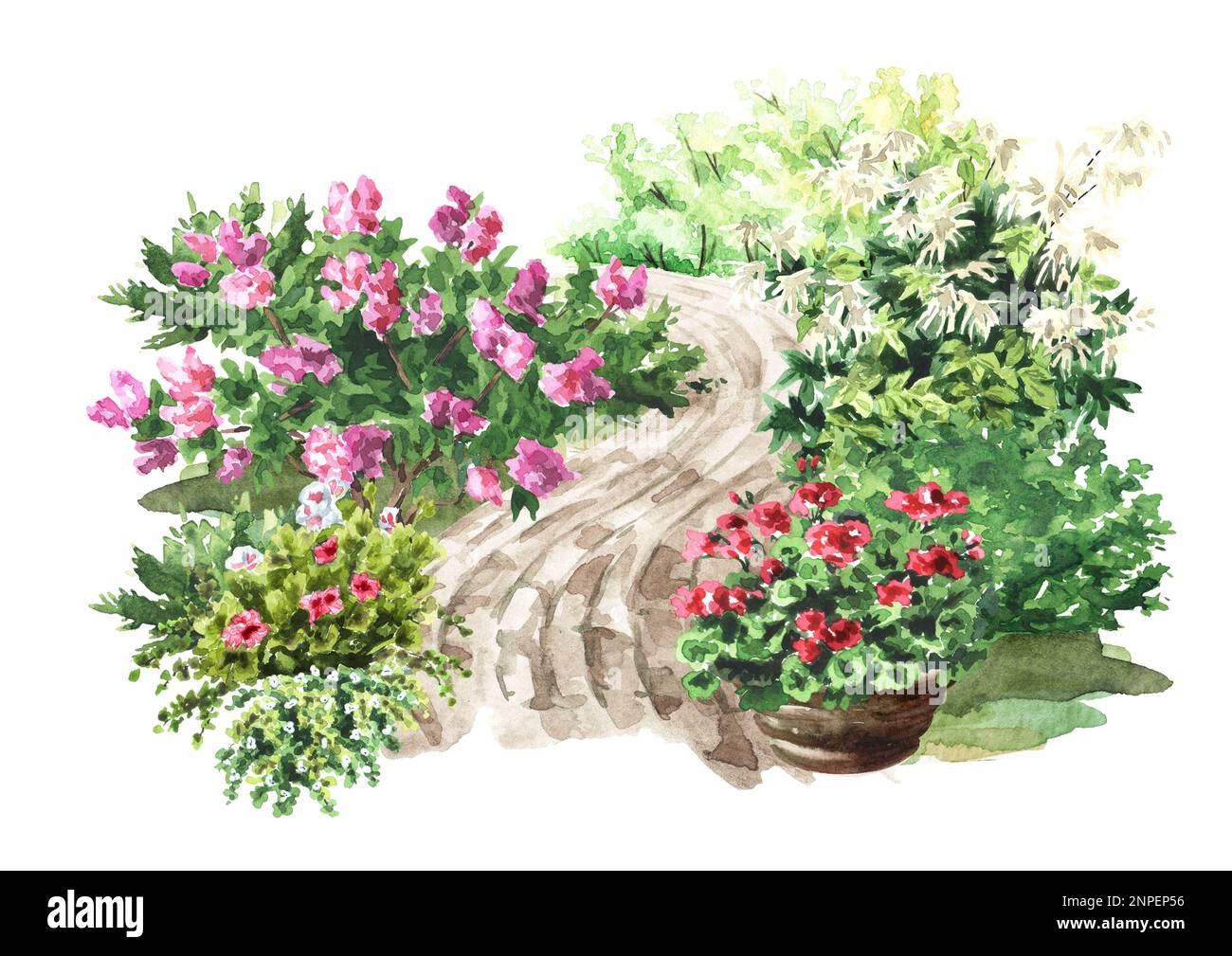 Garden Decorative flower bed and walking path, Landscape design. Hand ...