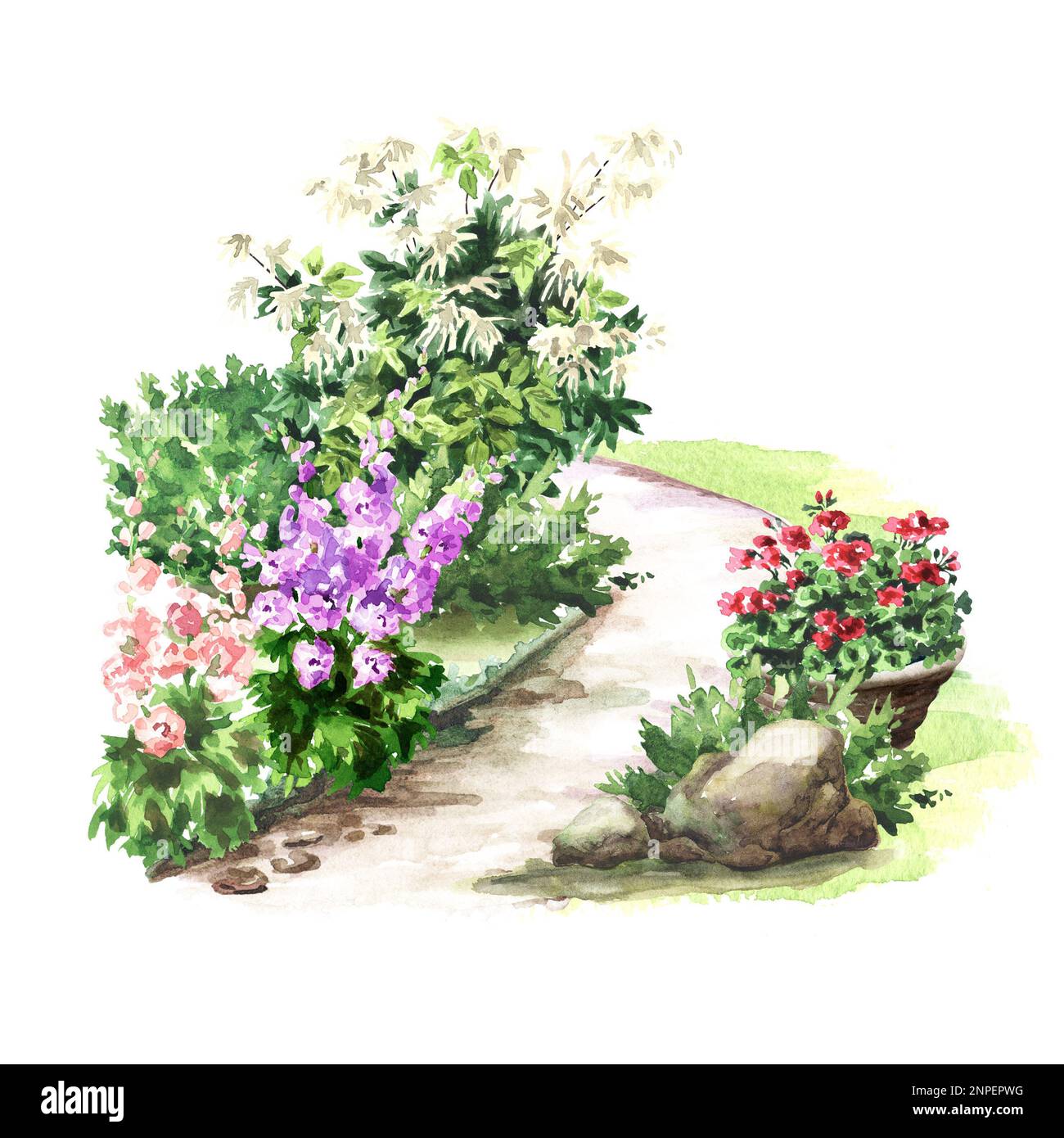 Garden Decorative flower bed and walking path, Landscape design., Hand ...