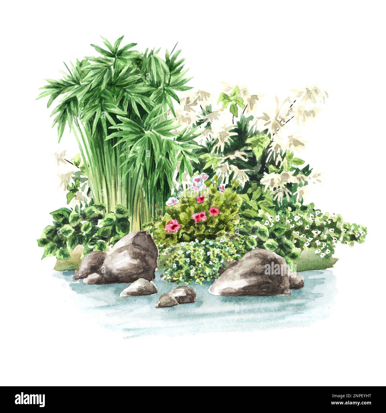 Garden Decorative pond shore, Landscape design element. Hand drawn ...