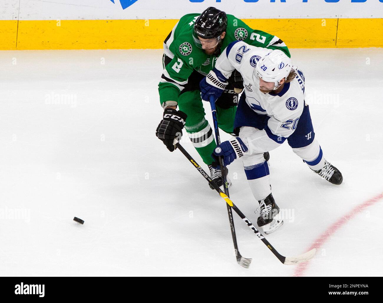 Tampa Bay Lightning's Blake Coleman (20) and Dallas Stars' Jamie ...