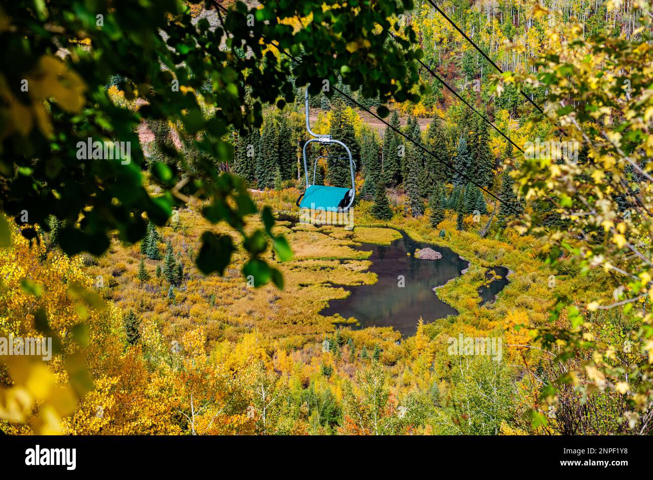 A campground lift chair hangs covered before the start of the winter ...