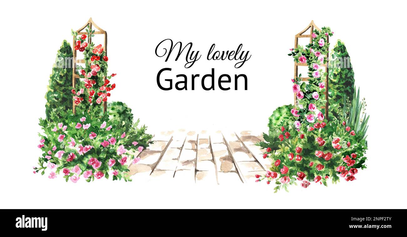 Garden flower bed and walking path, Landscape design. Hand drawn ...