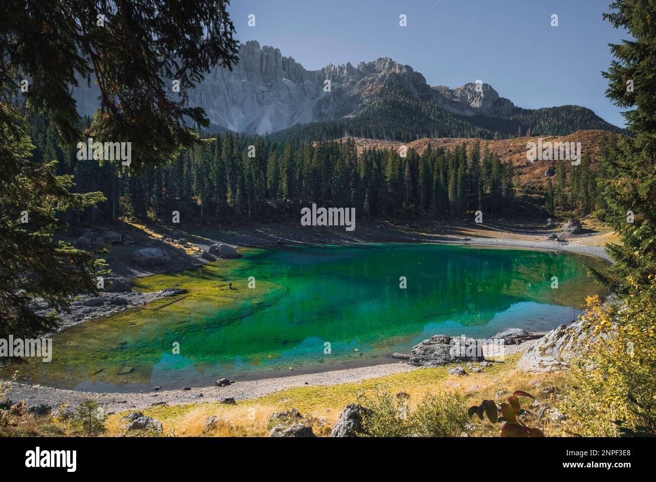 Lago di Carezza, also known as Lake Carezza or Karersee is one of the ...