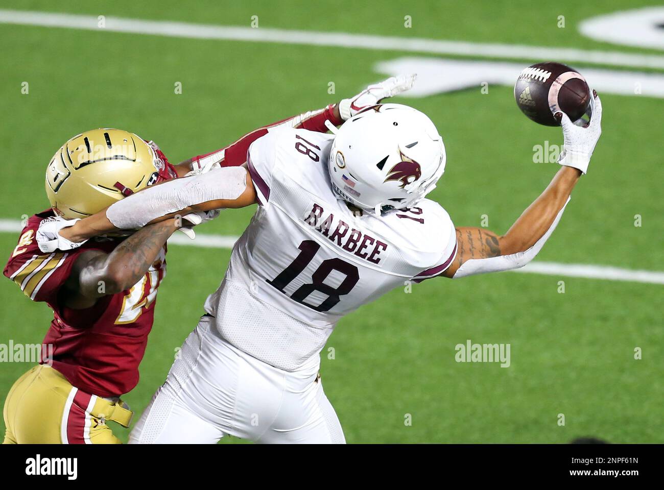 September 26, 2020; Chestnut Hill, MA, USA; Texas State Bobcats wide ...