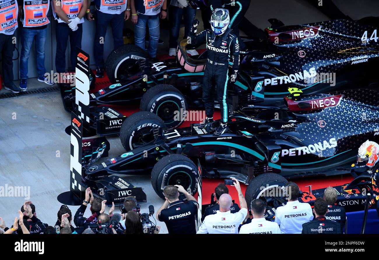 Mercedes driver Valtteri Bottas of Finland celebrates on his car after ...