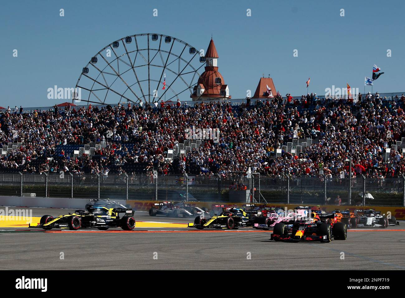 Red Bull driver Max Verstappen of the Netherlands, right, steers his ...
